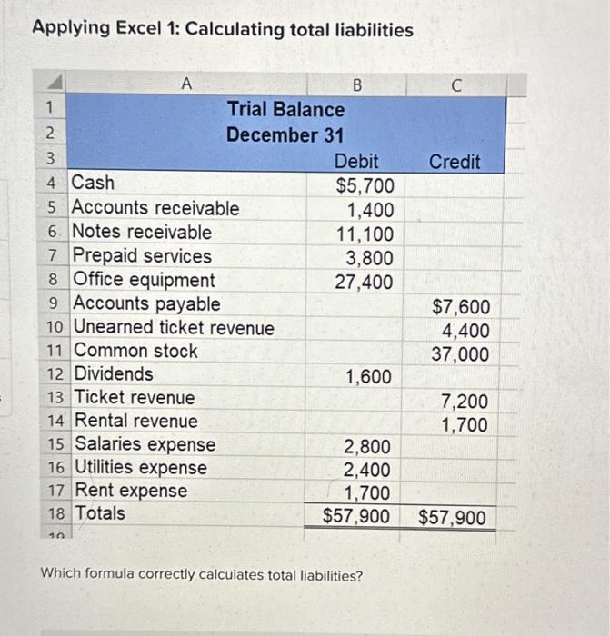 Solved Applying Excel 1: Calculating total liabilities Which | Chegg.com