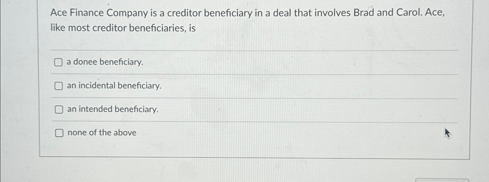 Solved Ace Finance Company is a creditor beneficiary in a | Chegg.com