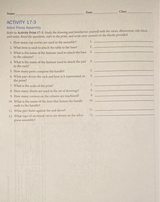 Solved Name. Date Class ACTIVITY 17-3 Arbor Press Assembly | Chegg.com
