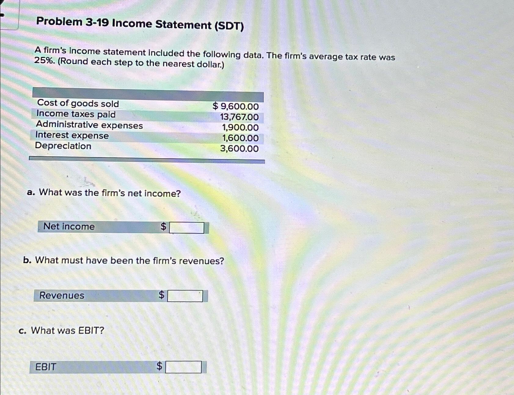 Solved Problem 3-19 ﻿Income Statement (SDT)A firm's income | Chegg.com