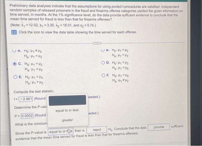 Solved Preliminary data analyses indicate that the | Chegg.com