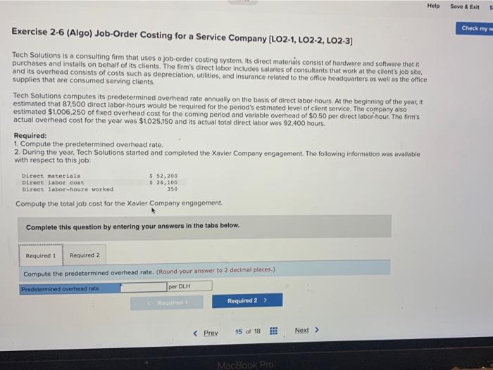 Solved Exercise 2-6 (Algo) Job-Order Costing for a Service | Chegg.com