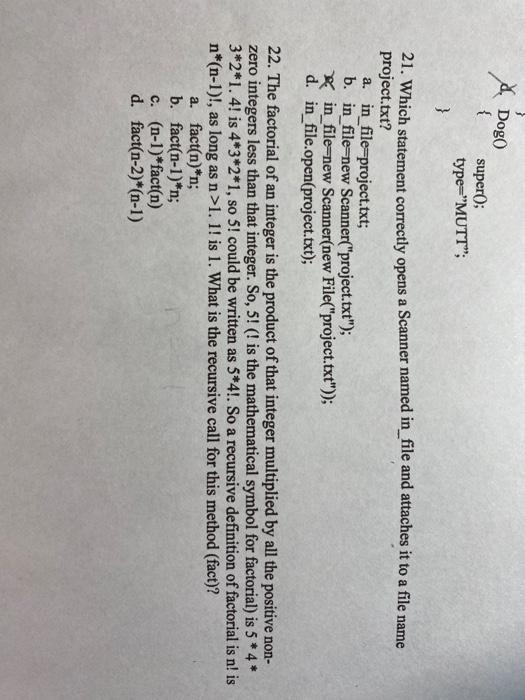 Solved Dogo { super(); type="MUTT"; } 21. Which statement | Chegg.com