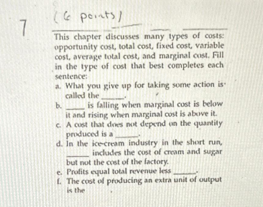 Solved points)This chapter discusses many types of costs: | Chegg.com