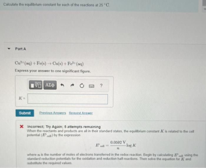 Solved Calculate the equilibrium constant for each of the | Chegg.com