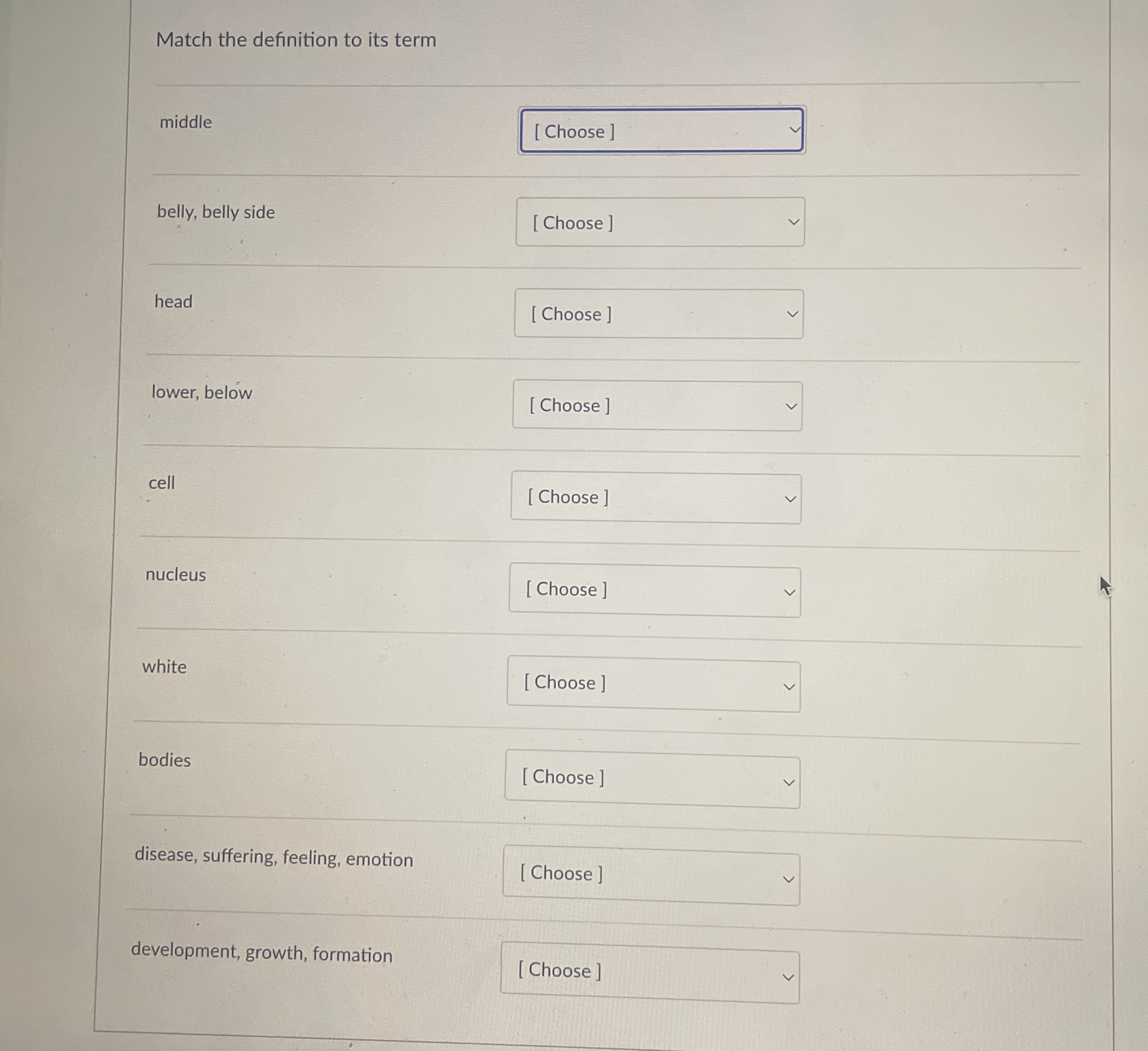 Solved Match the definition to its term q,middle belly, | Chegg.com