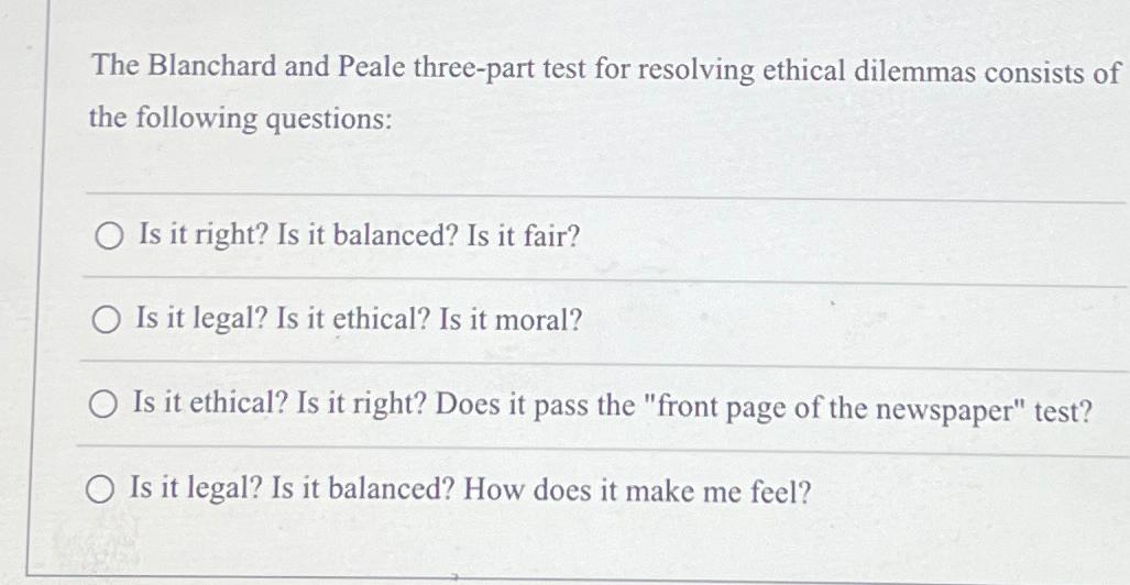 Solved The Blanchard and Peale three-part test for resolving | Chegg.com