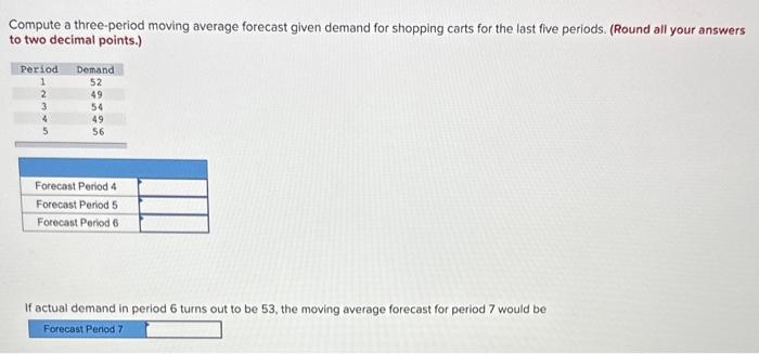 Solved Compute a three-period moving average forecast given | Chegg.com