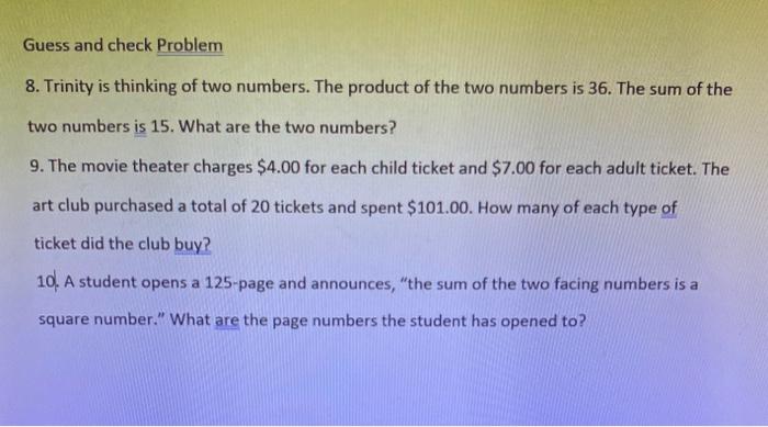 Solved Guess and check Problem 8. Trinity is thinking of two | Chegg.com
