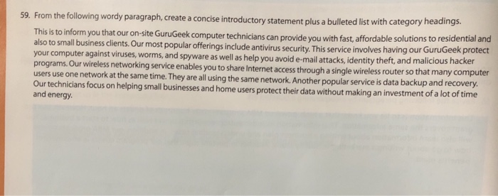 Solved 59. From the following wordy paragraph, create a | Chegg.com