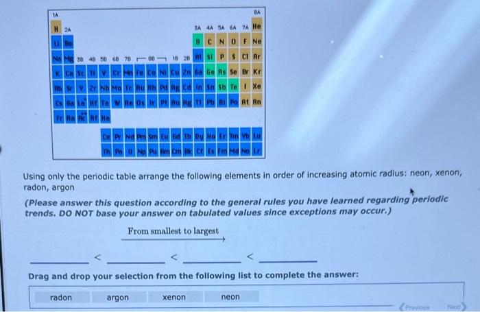 Solved Using only the periodic table arrange the following | Chegg.com