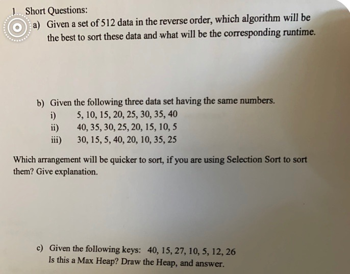 Short Questions A Given A Set Of 5 12 Data In The
