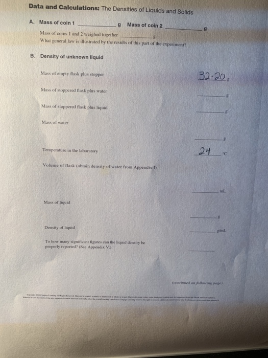 Data and Calculations: The Densities of Liquids and | Chegg.com