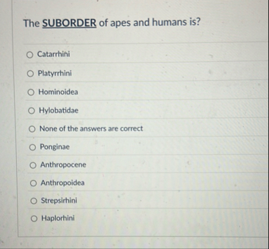 Solved The SUBORDER of apes and humans | Chegg.com