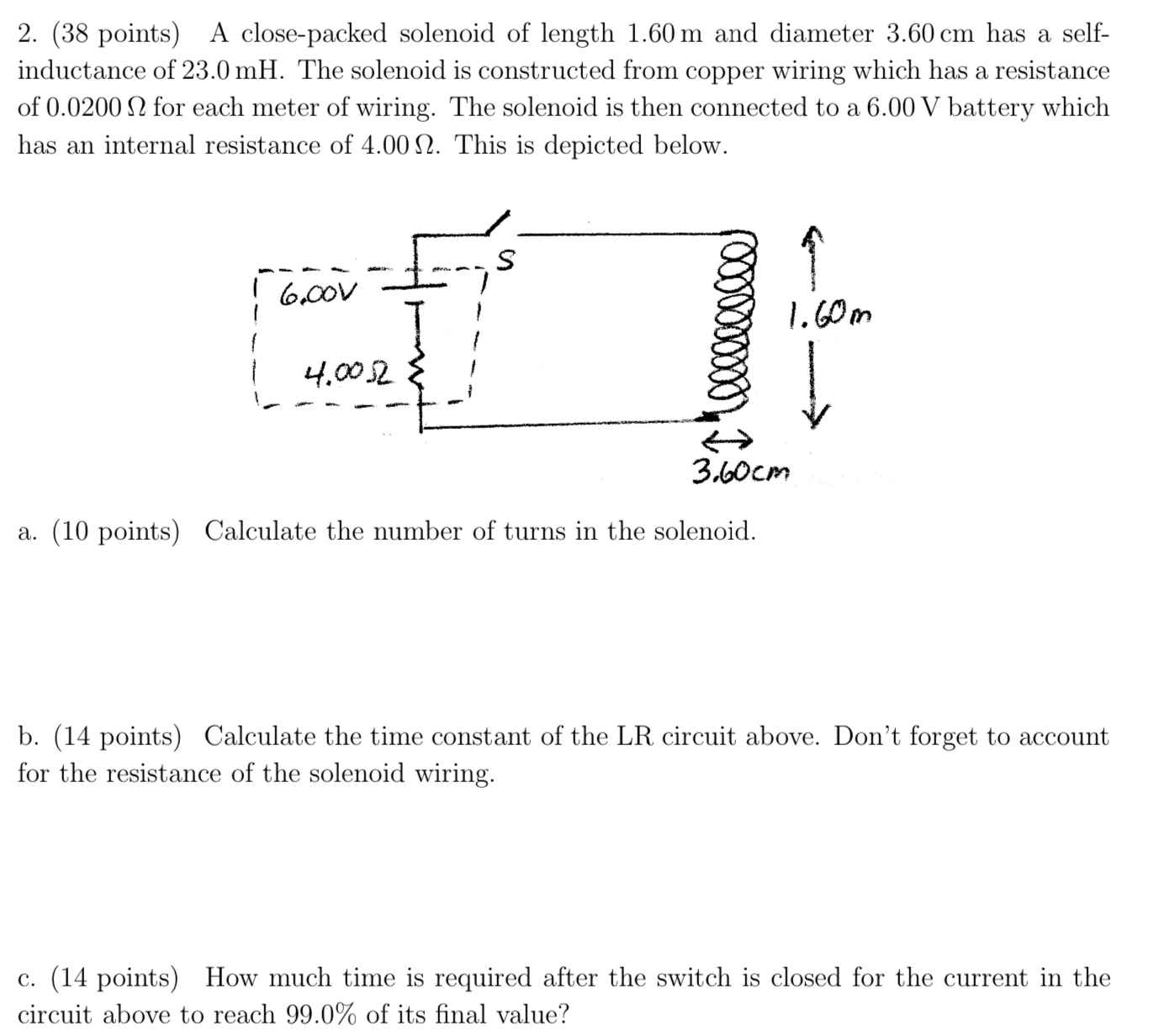 Solved (38 ﻿points) ﻿A close-packed solenoid of length 1.60m | Chegg.com