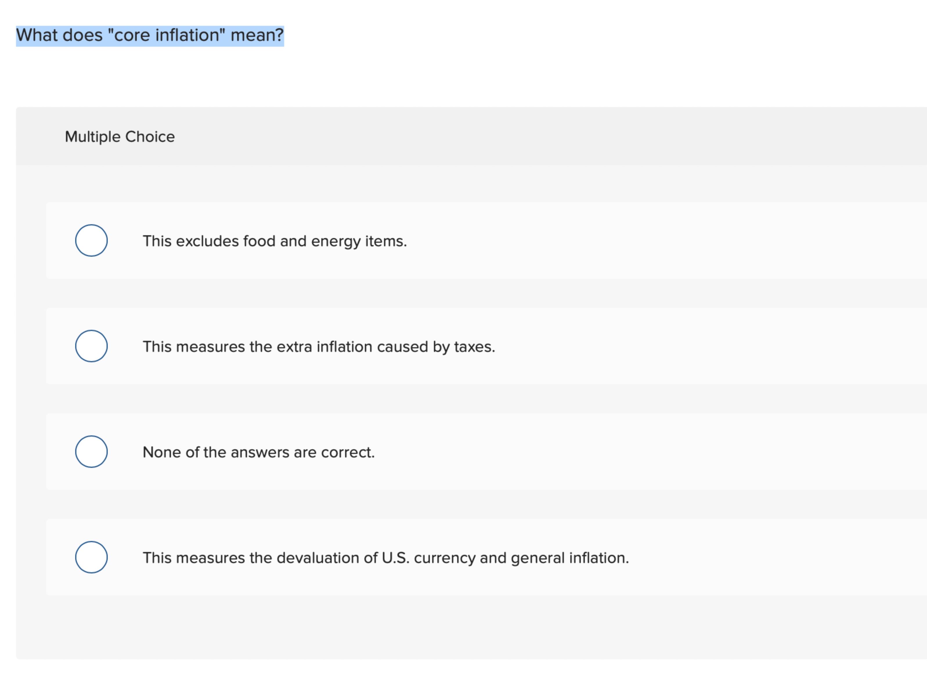 Solved What does "core inflation" mean?Multiple ChoiceThis | Chegg.com