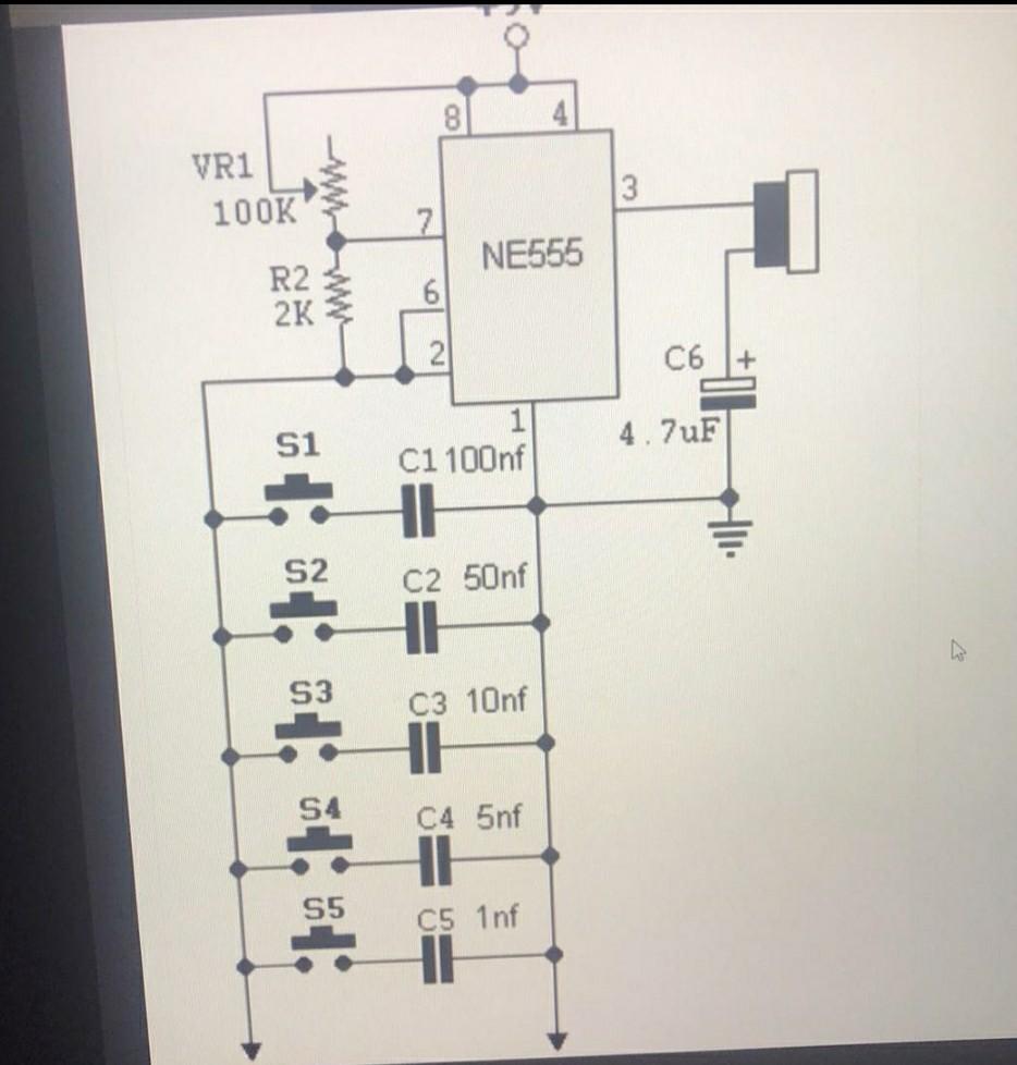 Solved 8 VR1 100K 3 7 NE555 R2 2K 6 2 C6 + S1 4.7uF C1 100nf | Chegg.com