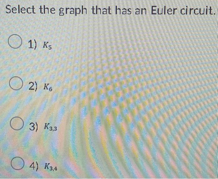 Solved Select the graph that has an Euler circuit. 1) K5 2) | Chegg.com