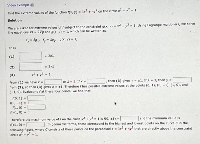 Solved Video Example Find the extreme values of the function | Chegg.com