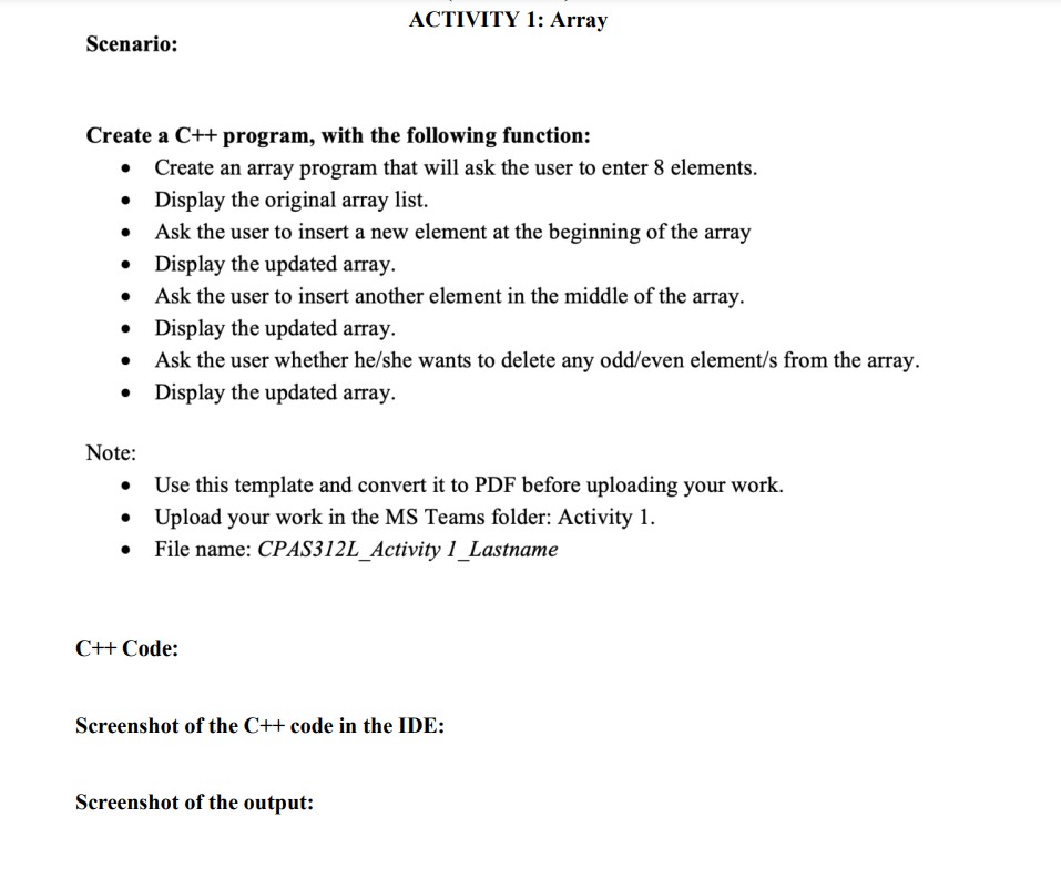 ACTIVITY 1: ArrayScenario:Create a C++ ﻿program, with | Chegg.com