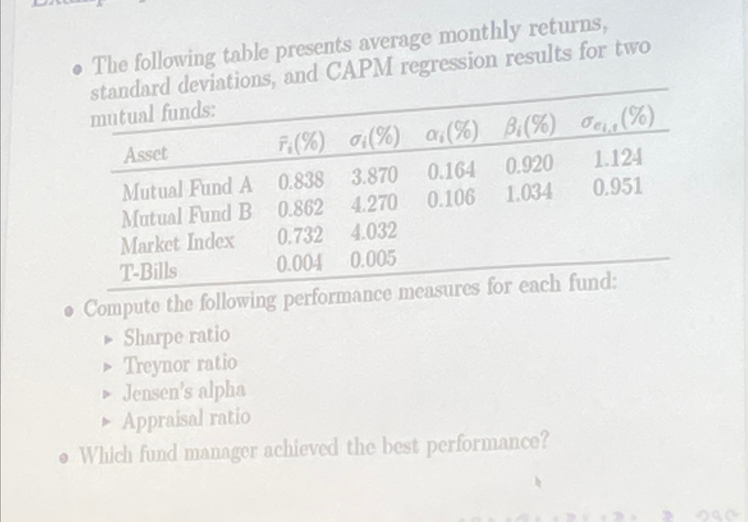 Solved The following table presents average monthly returns, | Chegg.com