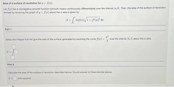 Solved Area of a surface of revolution for y=f(x). Let f(x) | Chegg.com