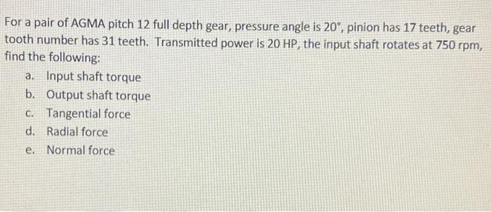 Solved For a pair of AGMA pitch 12 full depth gear, pressure | Chegg.com