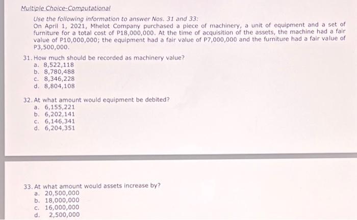 Solved Multiple Choice-Computational Use the following | Chegg.com