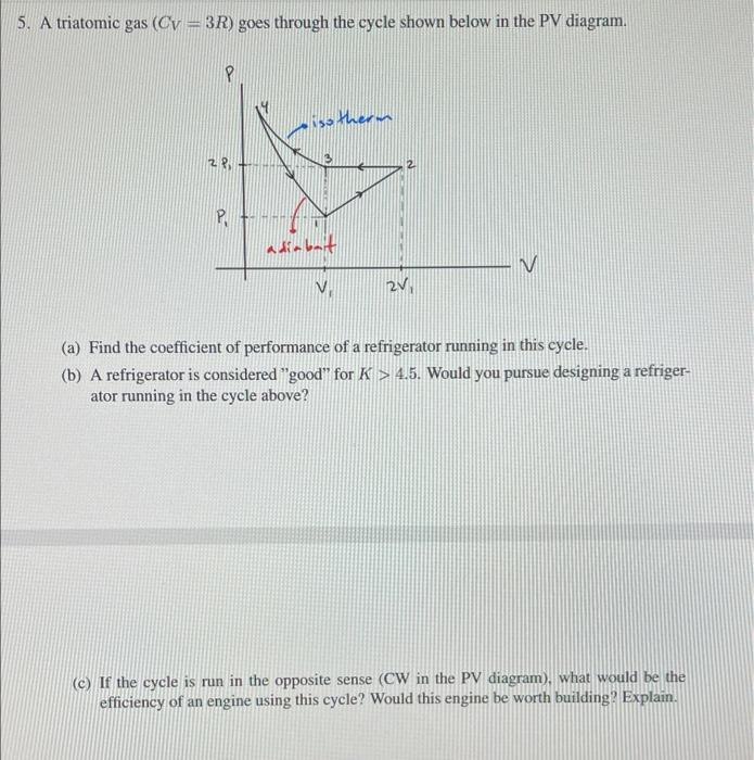 Solved 5. A triatomic gas (CV=3R ) goes through the cycle | Chegg.com