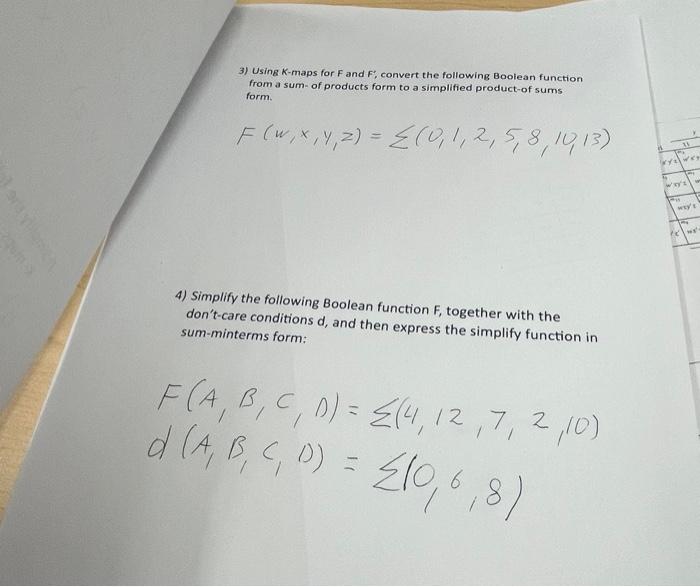 Solved 3) Using K-maps for F and F; convert the following | Chegg.com