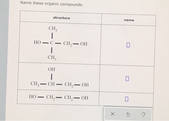 Solved Name these organic compounds: structure name CH, НО — | Chegg.com