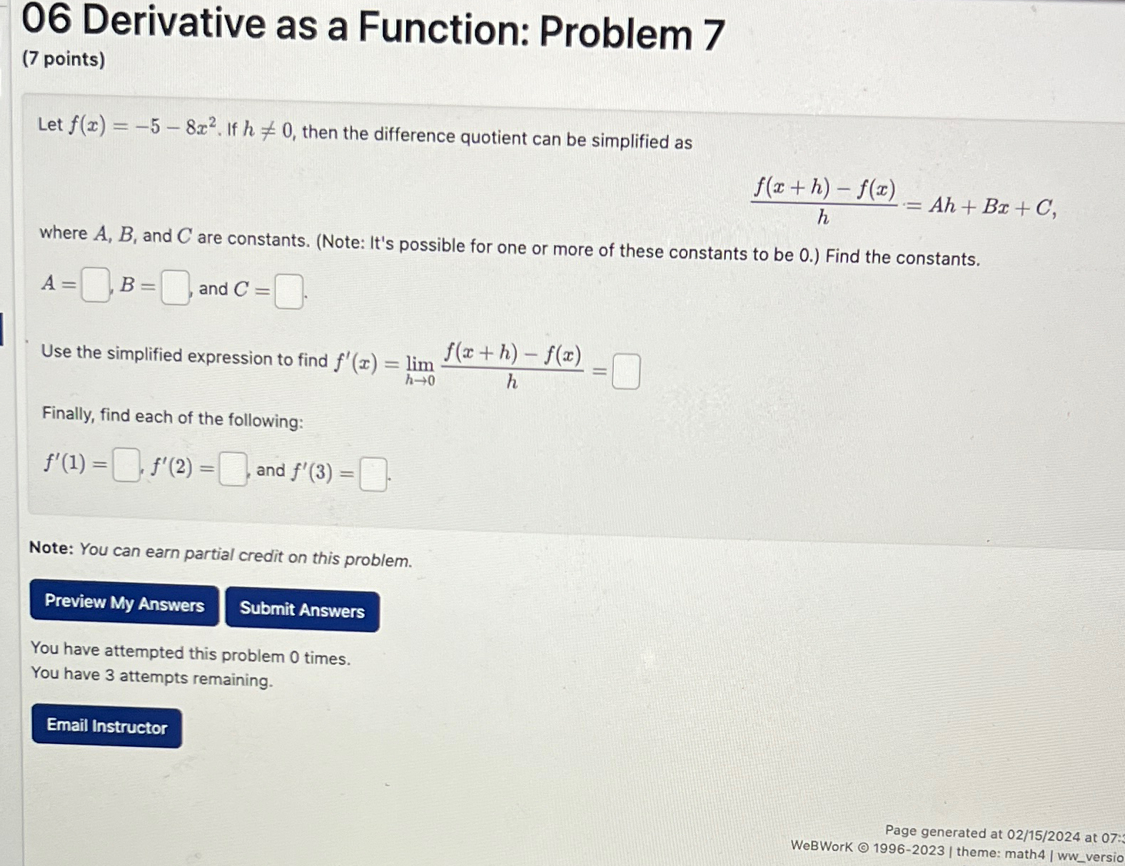 Solved 06 ﻿Derivative as a Function: Problem 7(7 ﻿points)Let | Chegg.com