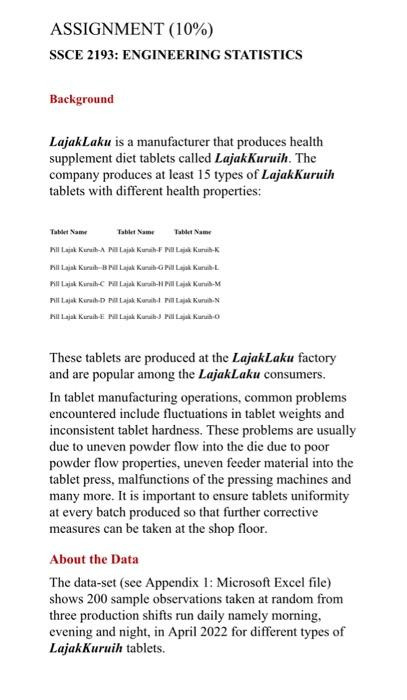 Solved ASSIGNMENT (10%) SSCE 2193: ENGINEERING STATISTICS | Chegg.com