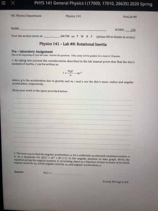 PHYS 141 General Physics (17009, 17010, 26635) 2020 | Chegg.com