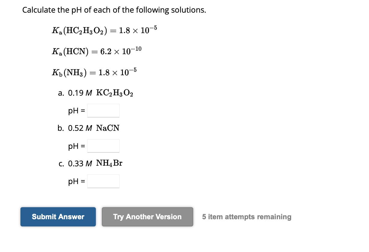 Calculate the pH ﻿of each of the following | Chegg.com