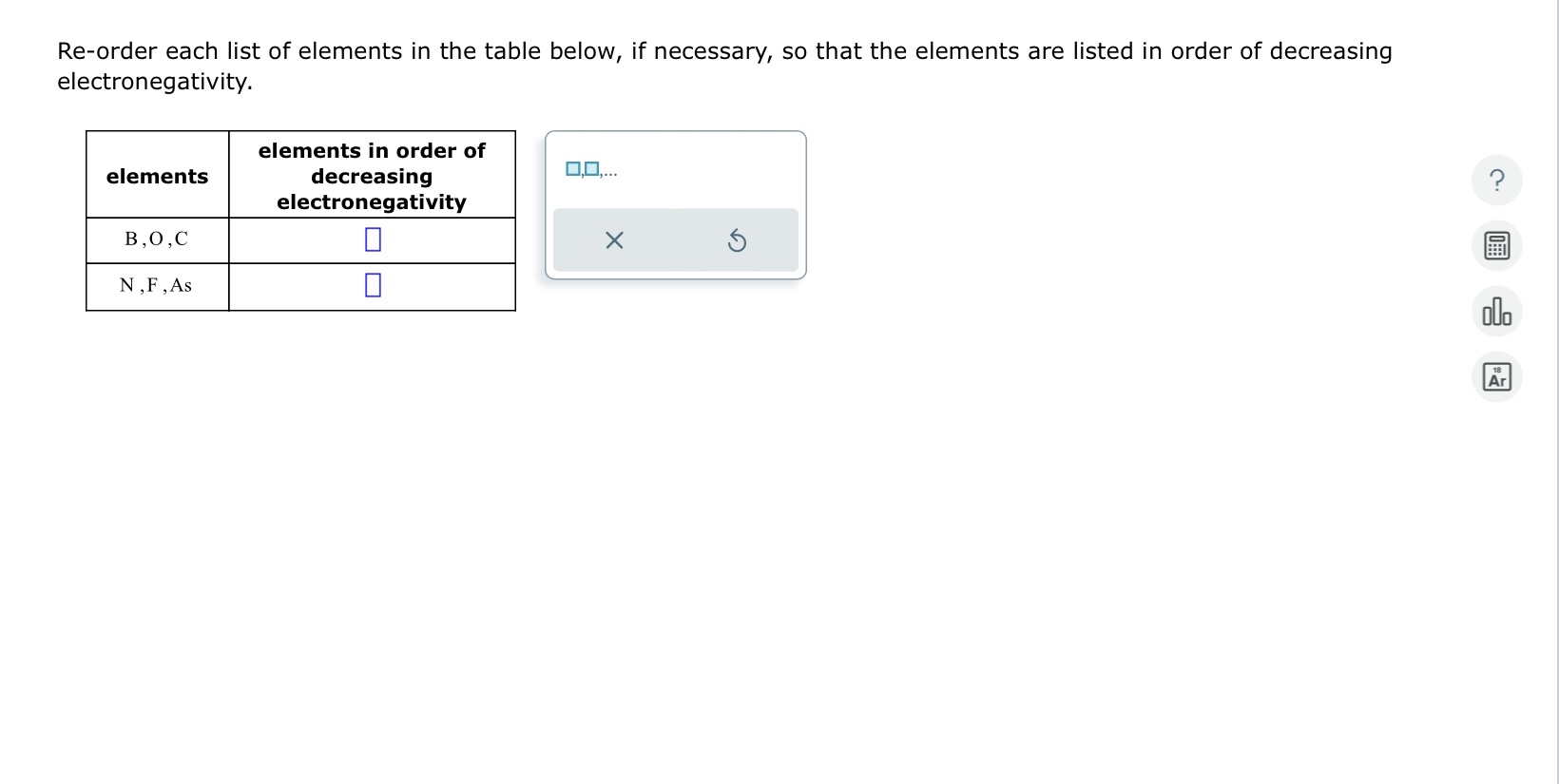 Solved Re-order each list of elements in the table below, if | Chegg.com