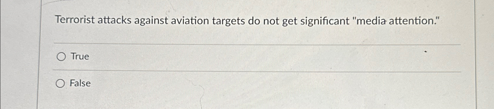 Solved Terrorist attacks against aviation targets do not get | Chegg.com