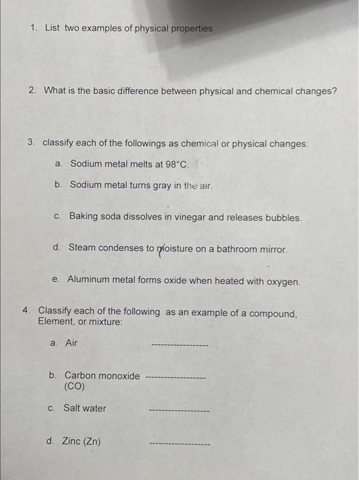 Solved 1. List two examples of physical properties 2. What | Chegg.com