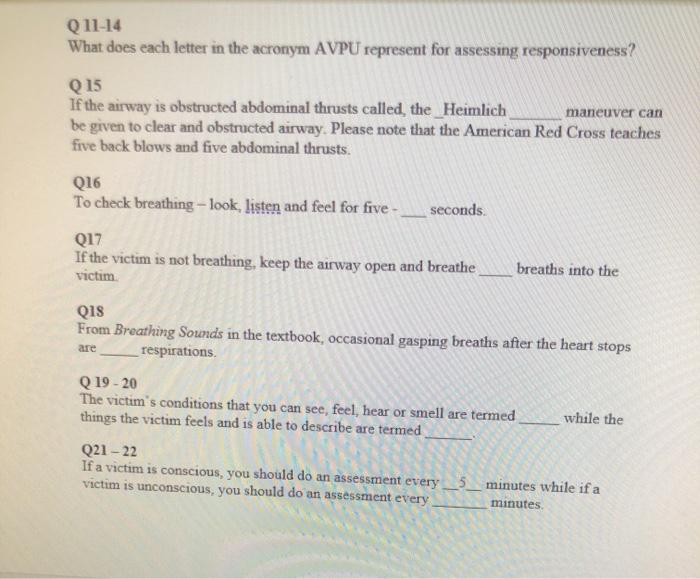 Solved Q 11-14 What does each letter in the acronym AVPU | Chegg.com