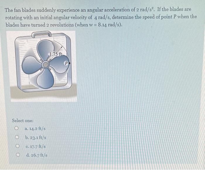 Solved The fan blades suddenly experience an angular | Chegg.com
