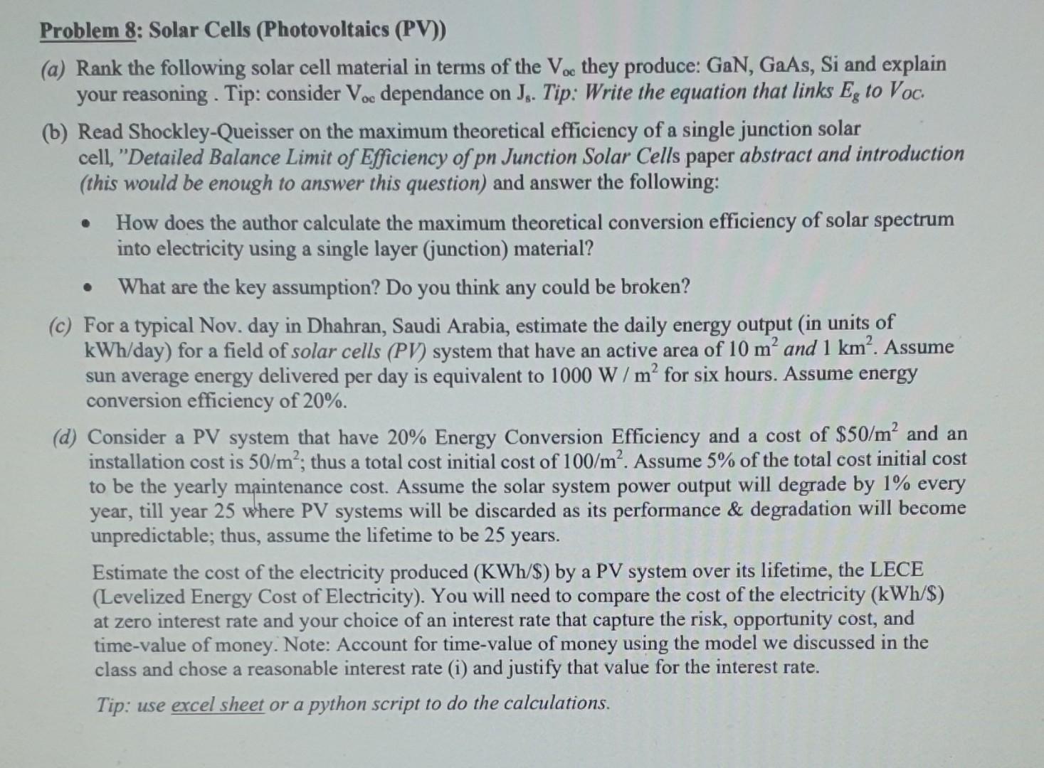 Solved Problem 8: Solar Cells (Photovoltaics (PV)) (a) Rank | Chegg.com