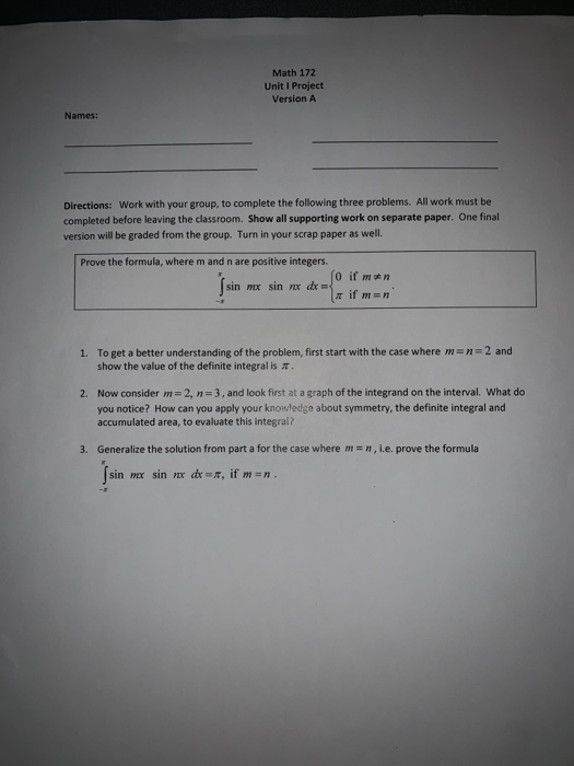 Solved Math 172 Unit I Project Version A Names: Directions: | Chegg.com