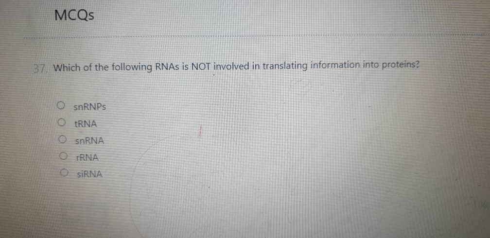 Solved MCQs37. ﻿Which of the following RNAs is NOT involved | Chegg.com