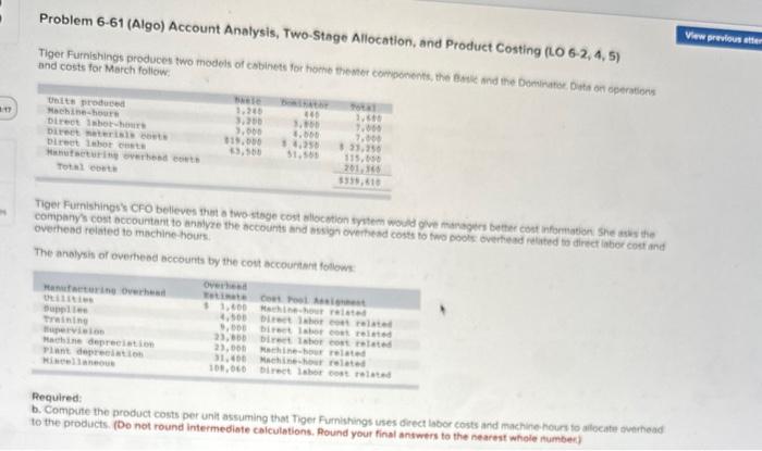 Problem 6-61 (Algo) Account Analysis, Two-Stage | Chegg.com