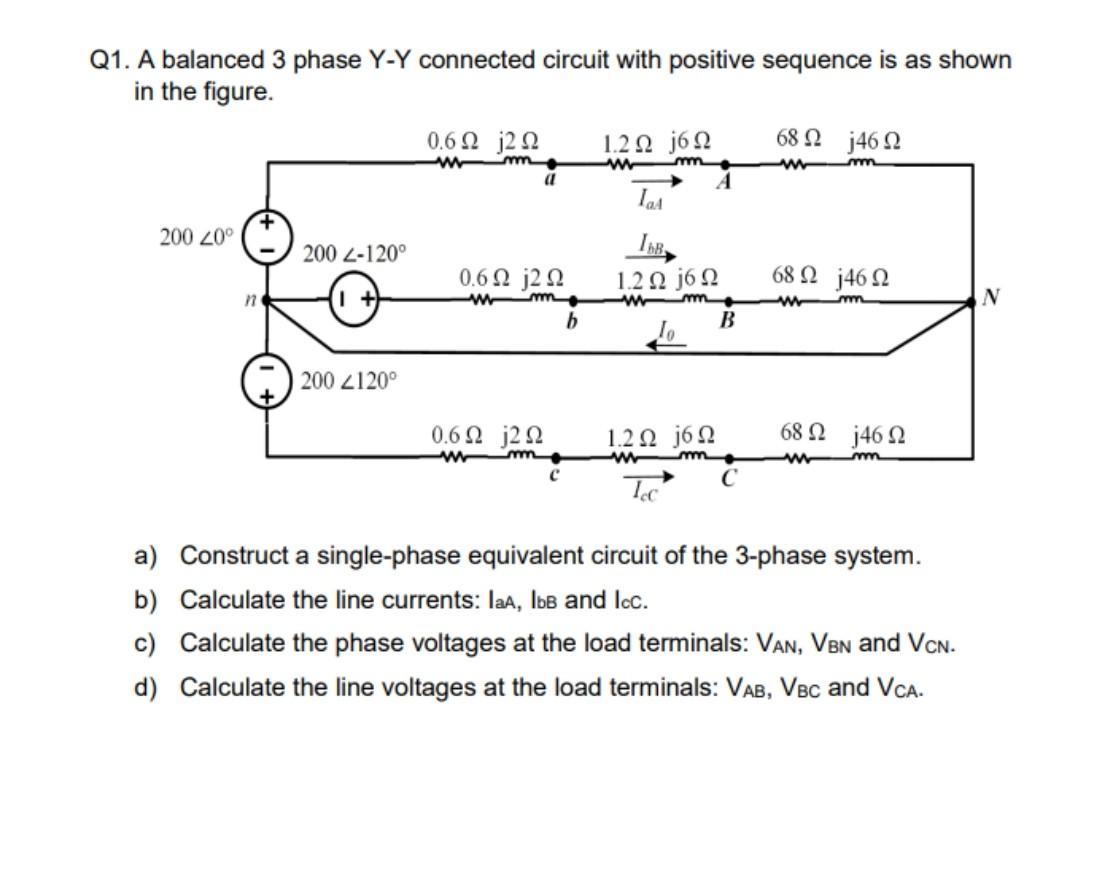 Solved Q1. A balanced 3 phase Y-Y connected circuit with | Chegg.com