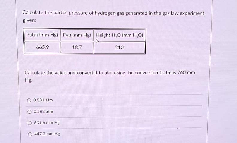 Solved Calculate the partial pressure of hydrogen gas | Chegg.com