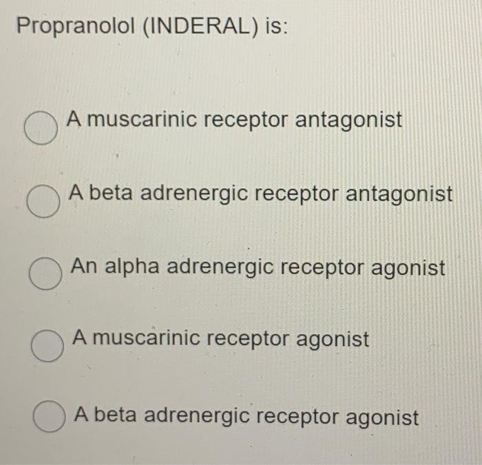 Solved Propranolol (INDERAL) is: A muscarinic receptor | Chegg.com