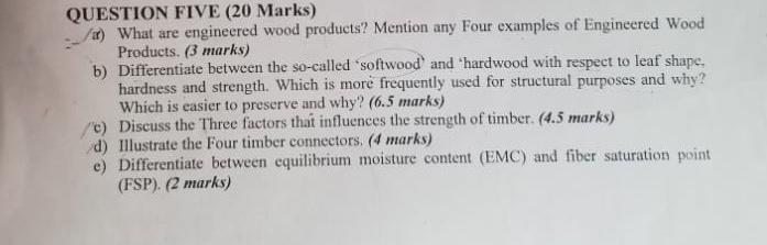 Solved QUESTION FIVE (20 Marks) a) What are engineered wood | Chegg.com
