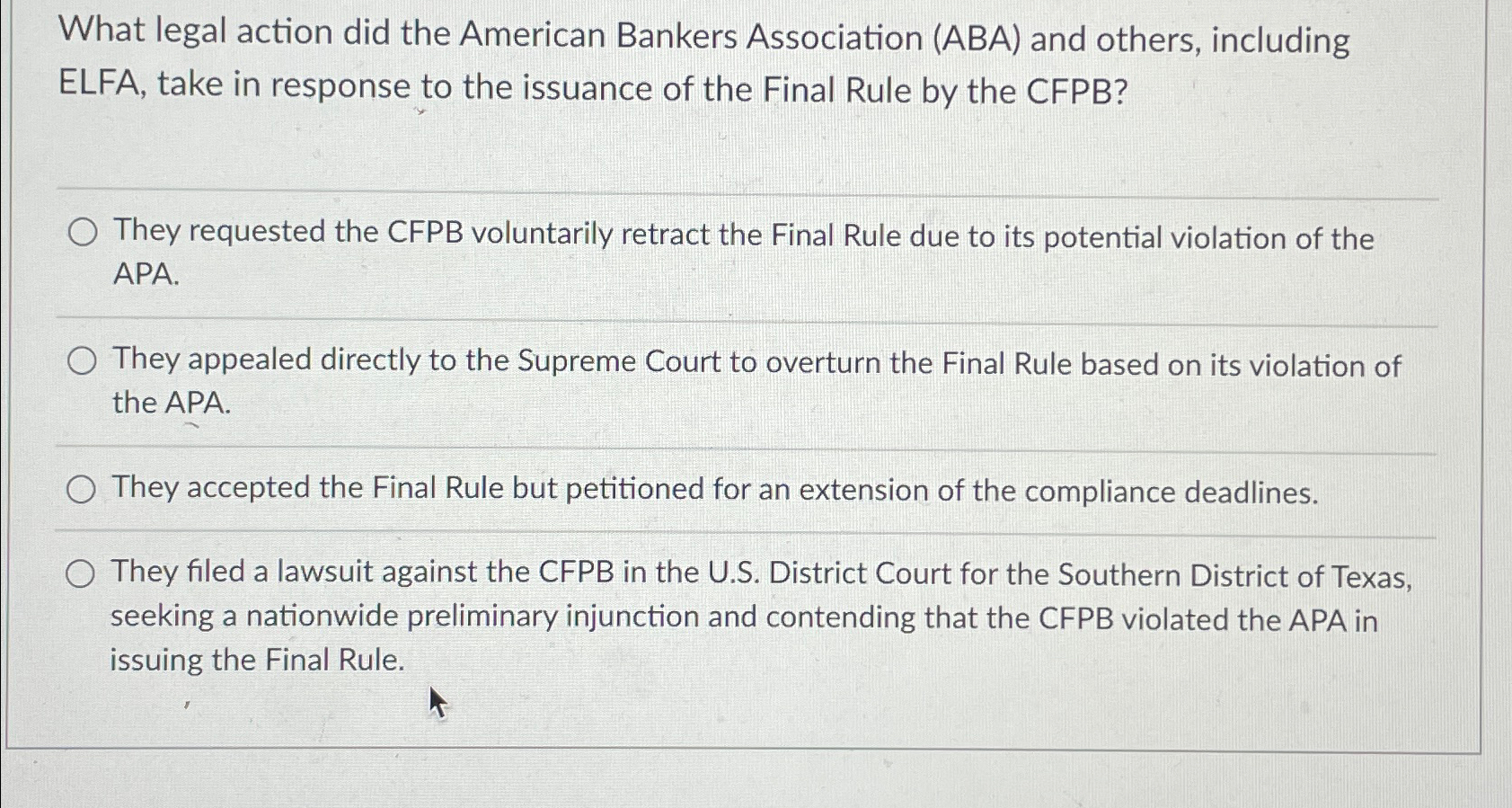 Solved What legal action did the American Bankers | Chegg.com