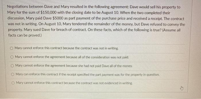 Solved Negotiations between Dave and Mary resulted in the | Chegg.com